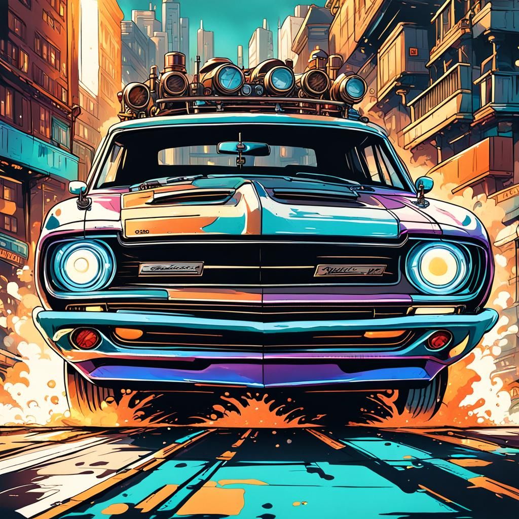 steampunk style muscle car street racing through city, Masterpiece ...
