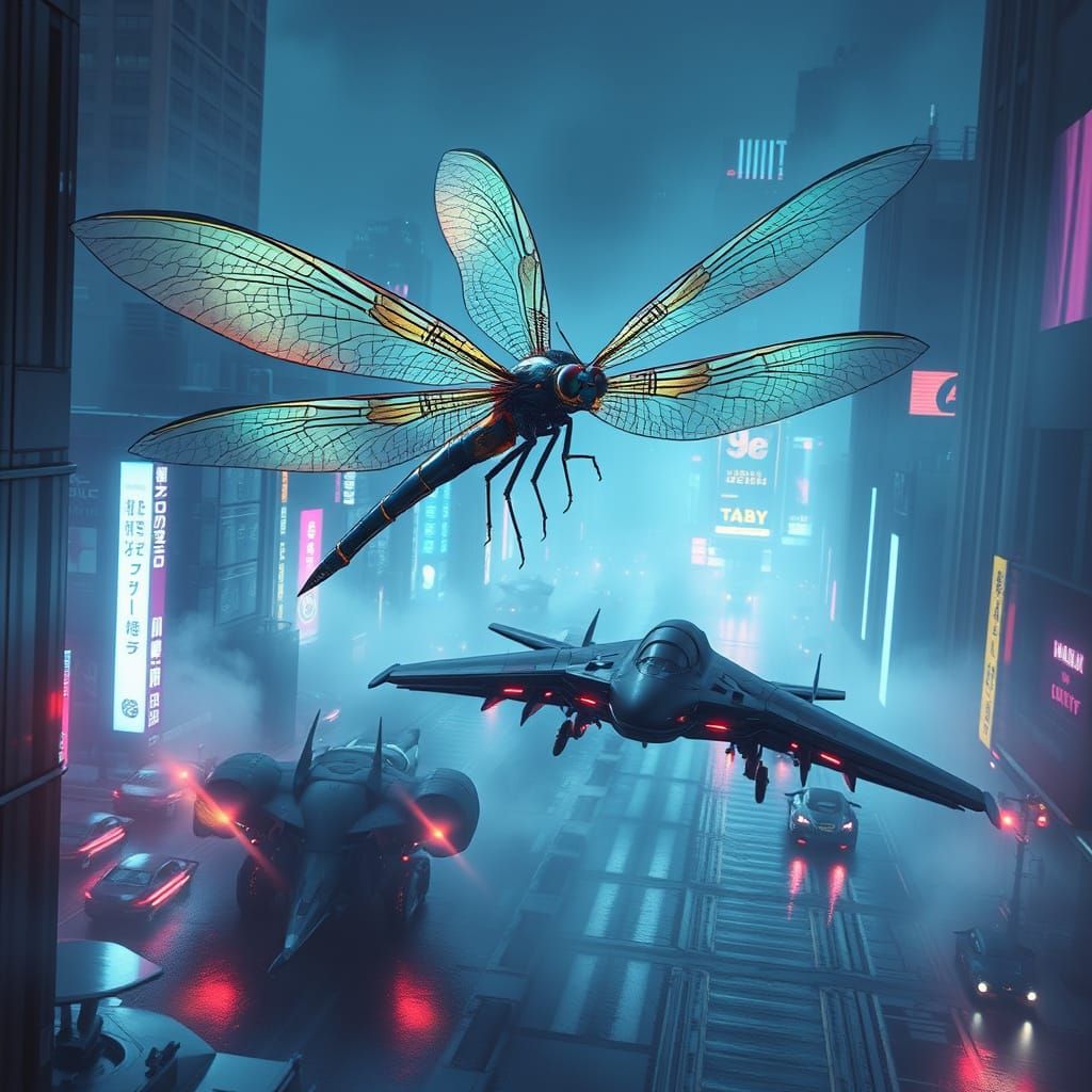 A large dragonfly with iridescent wings clashes with a VTOL aircraft in ...