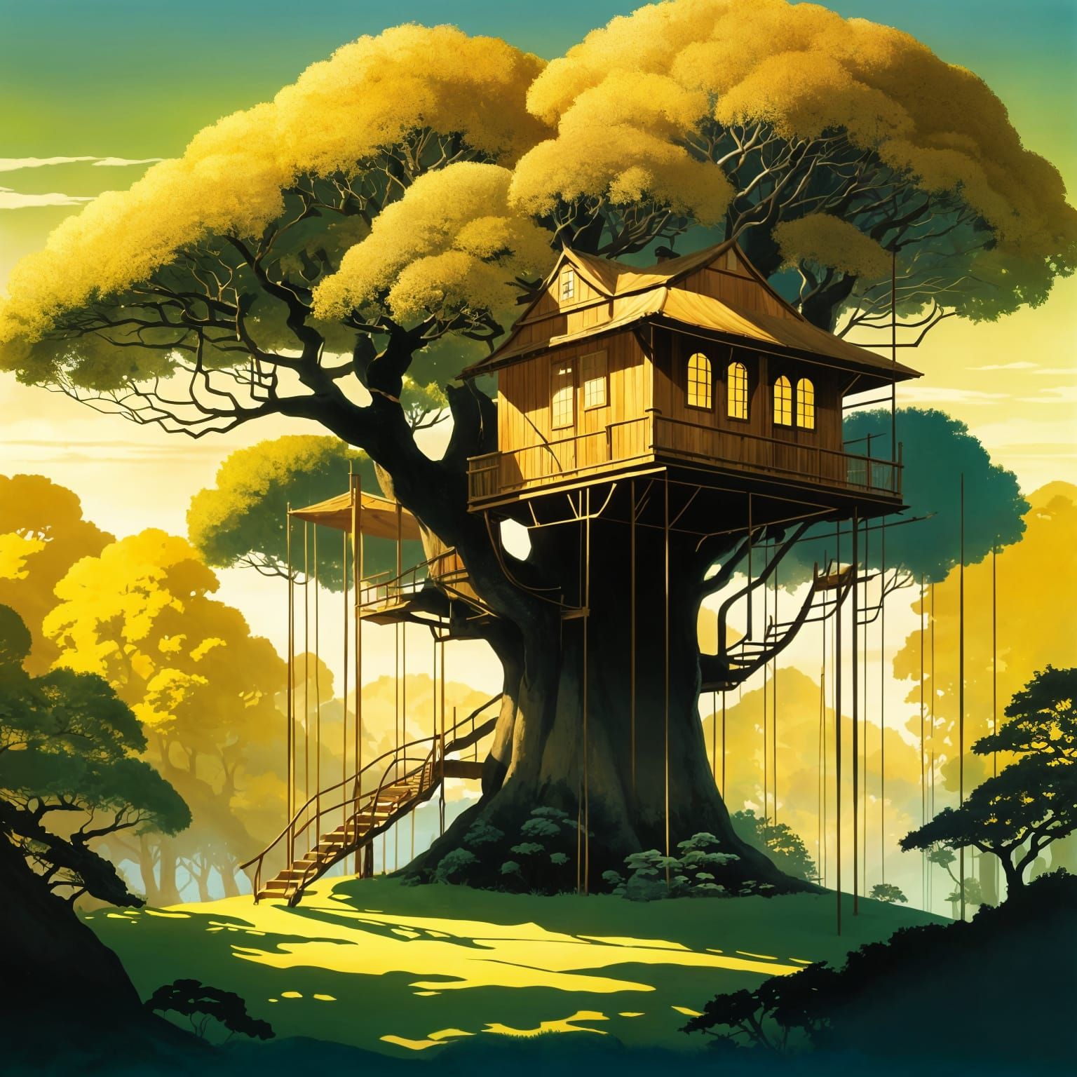 Golden light treehouse - Whimsical Treehouse in Warm Golden ...