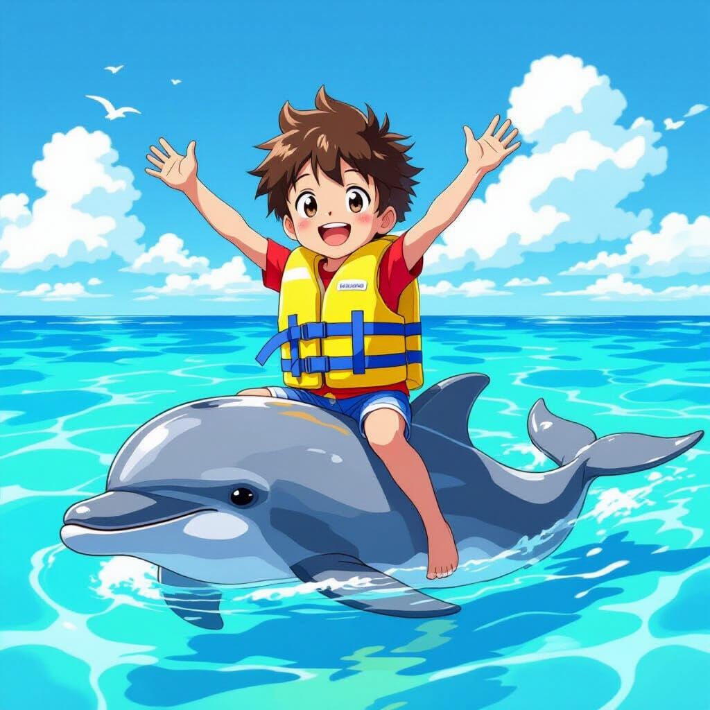 Boy Rides Dolphin in Turquoise Sea, Vibrant Digita... - AI Art