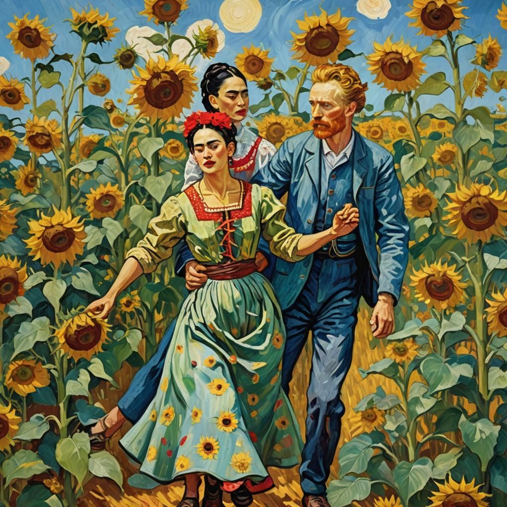 Vincent van Gogh with Frida Kahlo in a Field of Sunflowers - AI Generated Artwork - NightCafe ...