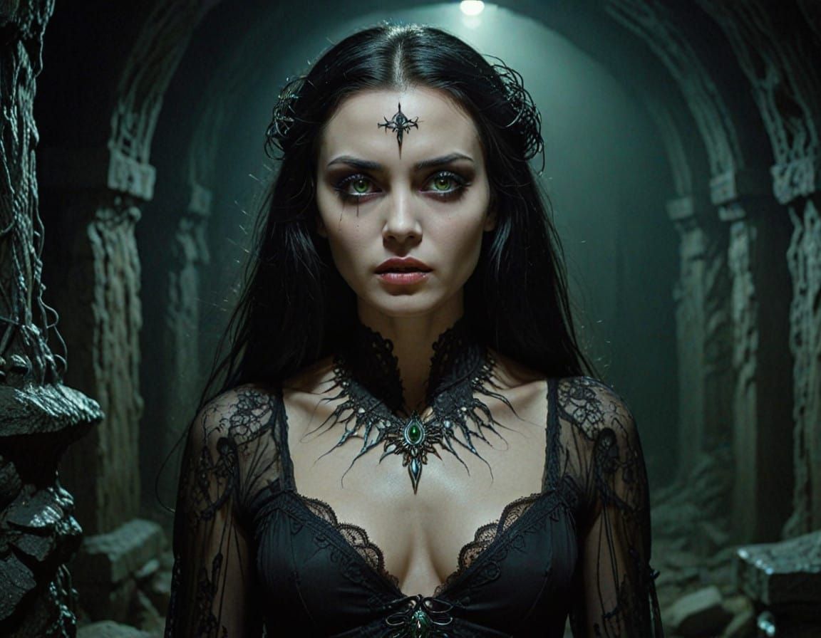Ethereal Vampire Goddess in Ancient Stone Tunnel - AI Art