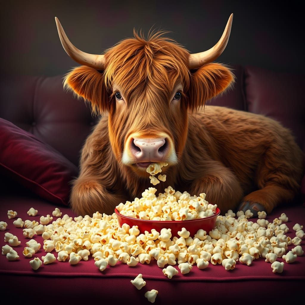 Brown Highland Cow in Hyperrealistic Popcorn Scene - AI Art