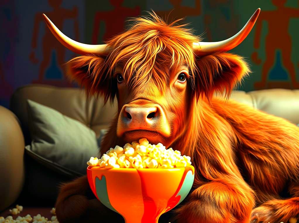 Brown Highland Cow Surrounded by Popcorn in a Vivi... - AI Art