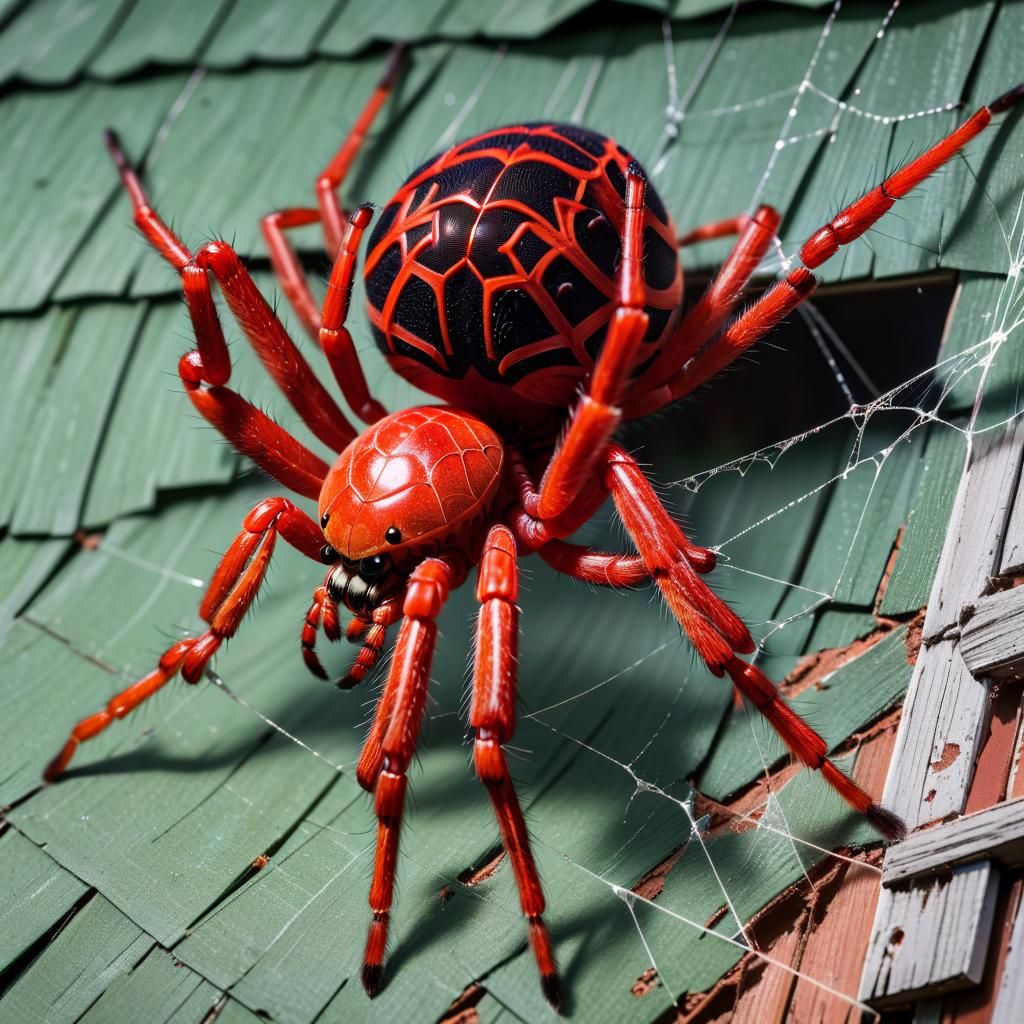 A giant red spider weaving it's web around a house - AI Generated ...
