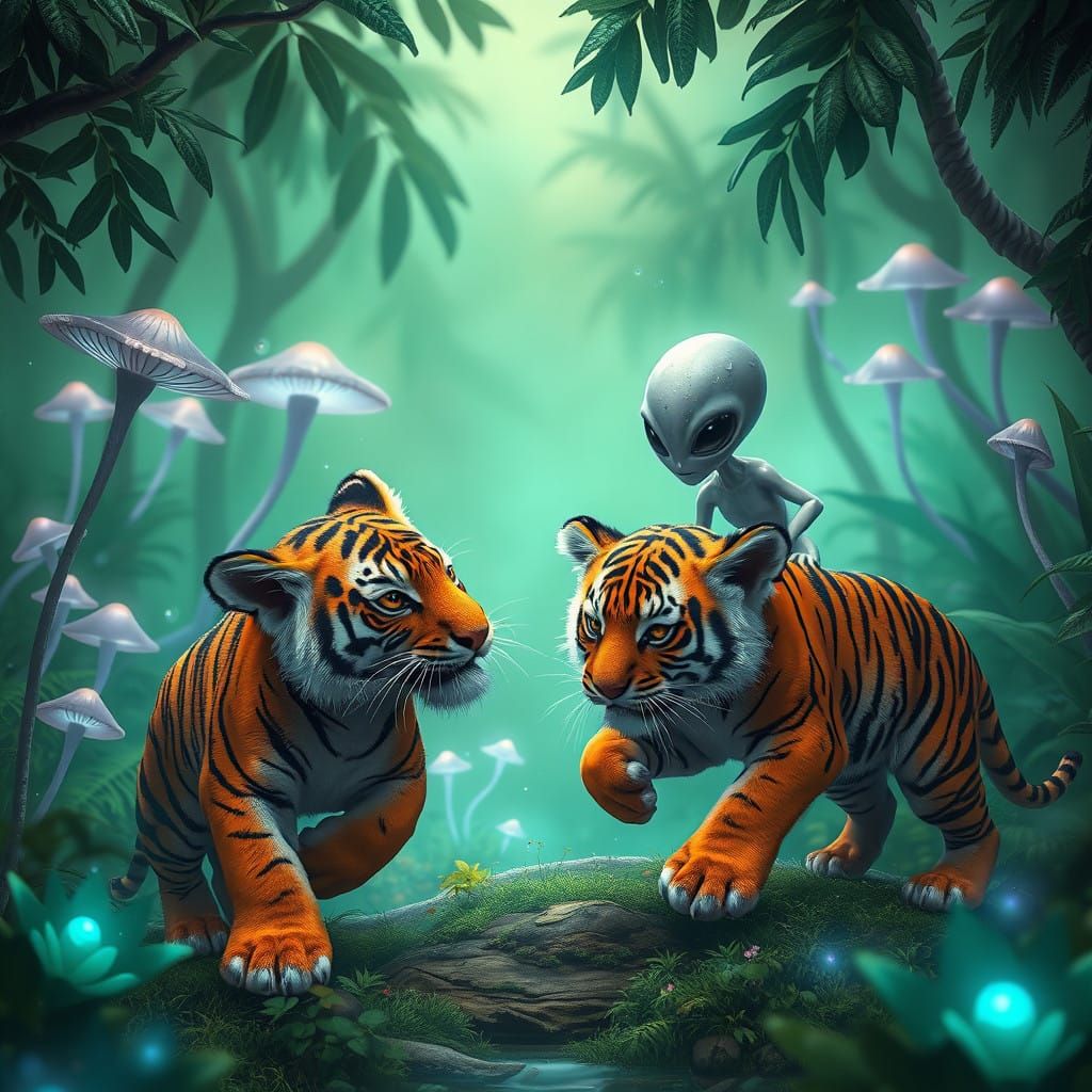Whimsical Tigers and Aliens in Luminous Rainforest... - AI Art