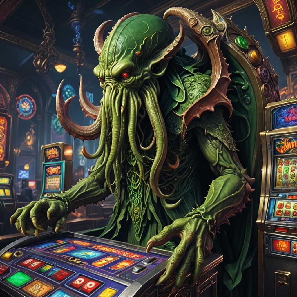 Cthulhu playing a slot machine - AI Generated Artwork - NightCafe Creator