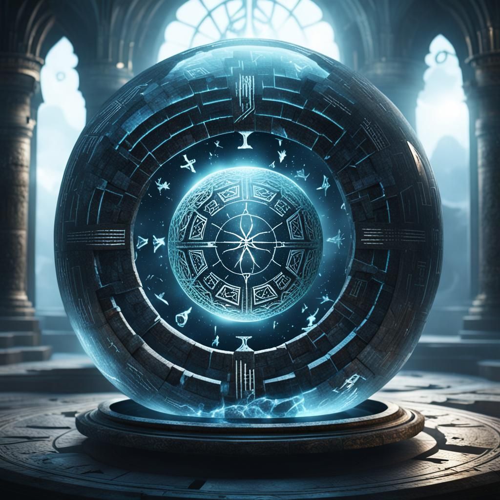 Ominous rift portal made of cut stone covered with mystical runes ...