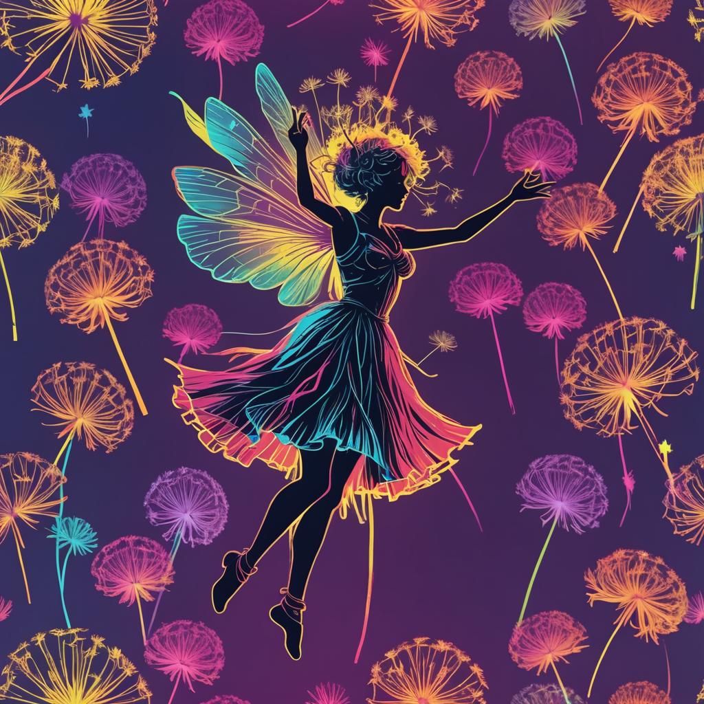Synthwave Fairy Silhouette Dancing on Dandelion - AI Art