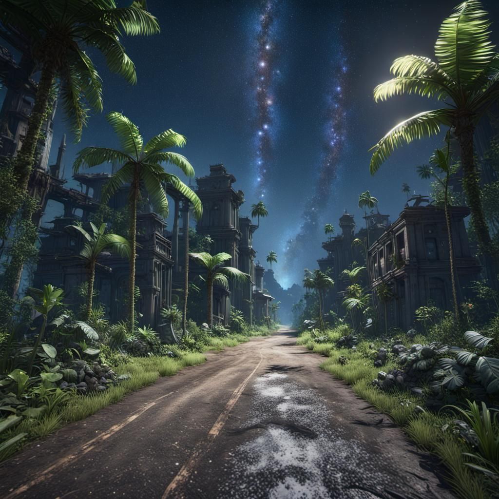 a road past an abandoned city in the tropical jungle, starry sky - AI ...