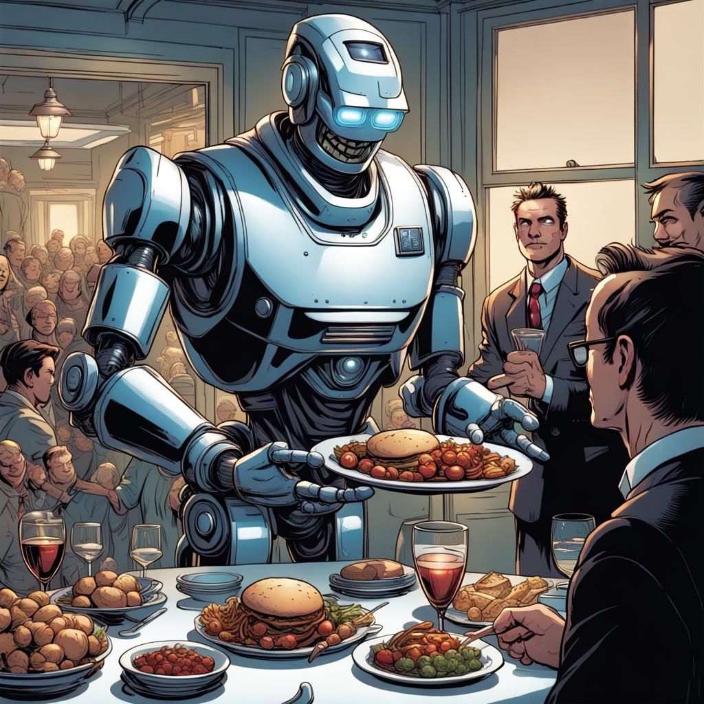 A robot in a butler suit serving food to humans and spilling the food ...