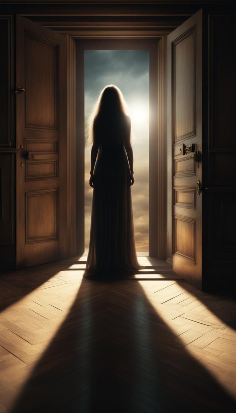 shadow of a woman with long hair standing in light of a door looking at ...
