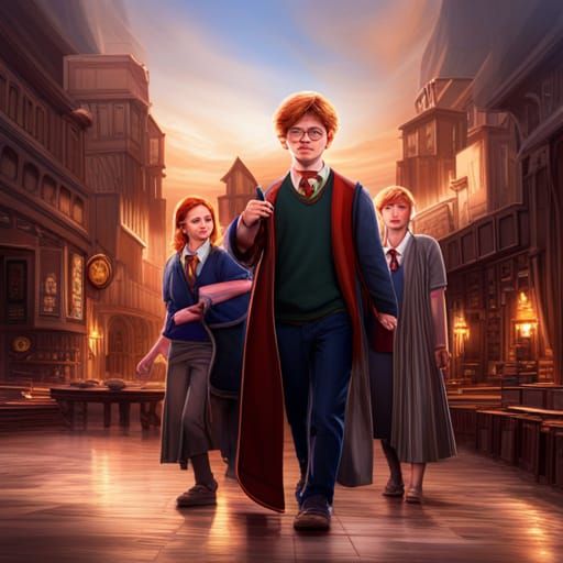 Harry Potter, Ron Weasley and Hermione Granger at Hogwarts - AI Generated Artwork - NightCafe ...
