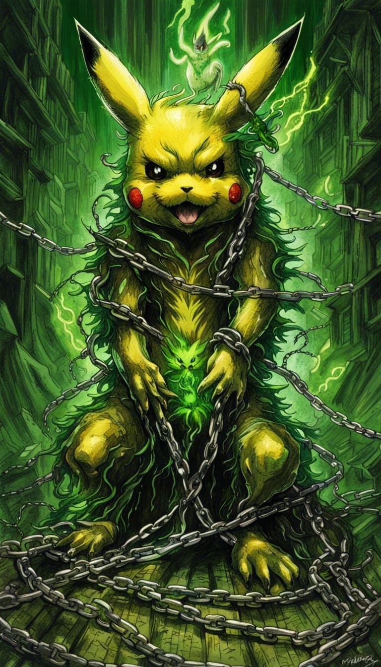 hellspawn pikachu surrounded by green flames and bound in chains, by ...