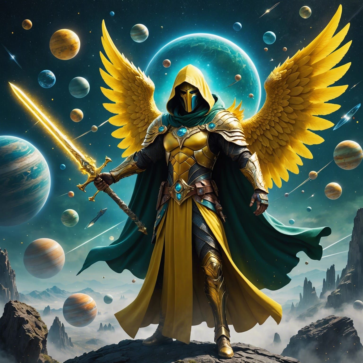 Hooded masked angel with big yellow wings, Holding a yellow sword and a ...