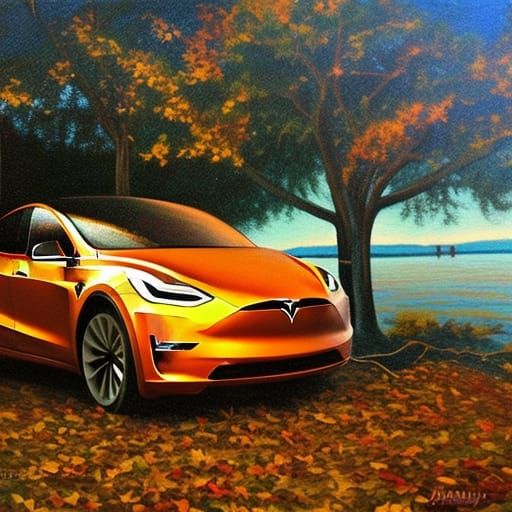 detailed Tesla Model Y by a breathtakingly beautiful waterful with ...