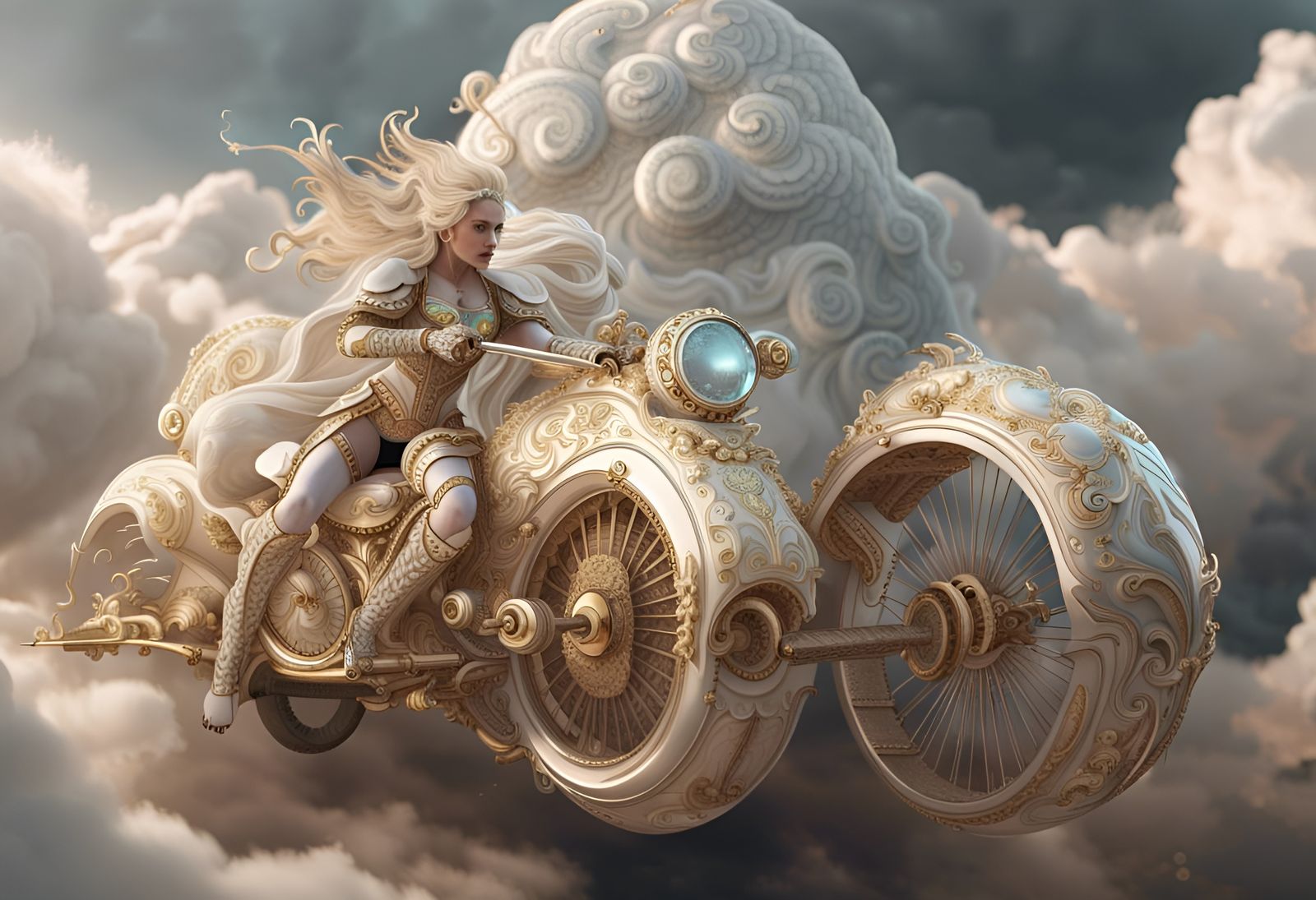 Valkyrie riding a cloud motorcycle. Ethereal cloud structure :: massive ...