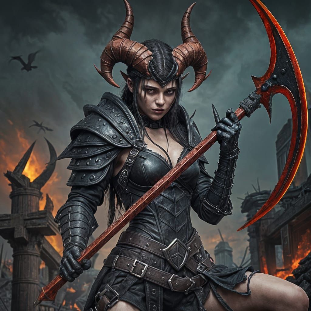 A female demon warrior, clad in tattered black leather armor with razor-sharp horns protruding ...