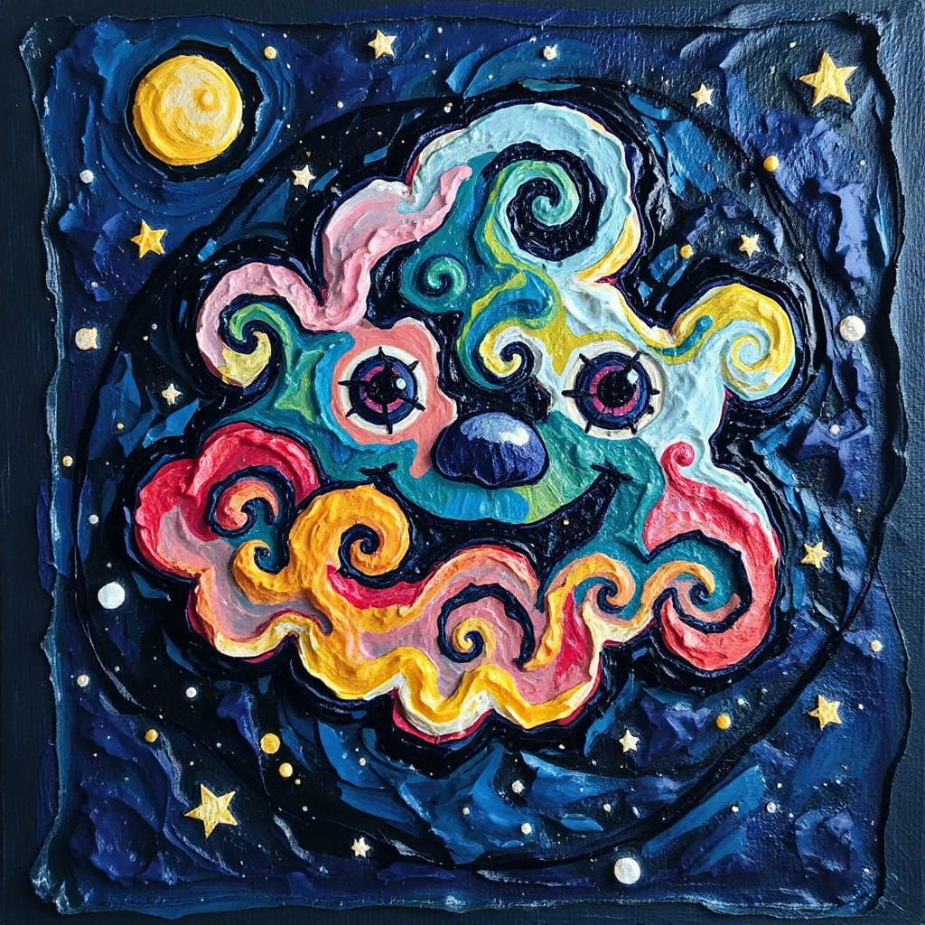 Painted face - Whimsical Celestial Portrait in Impasto Style