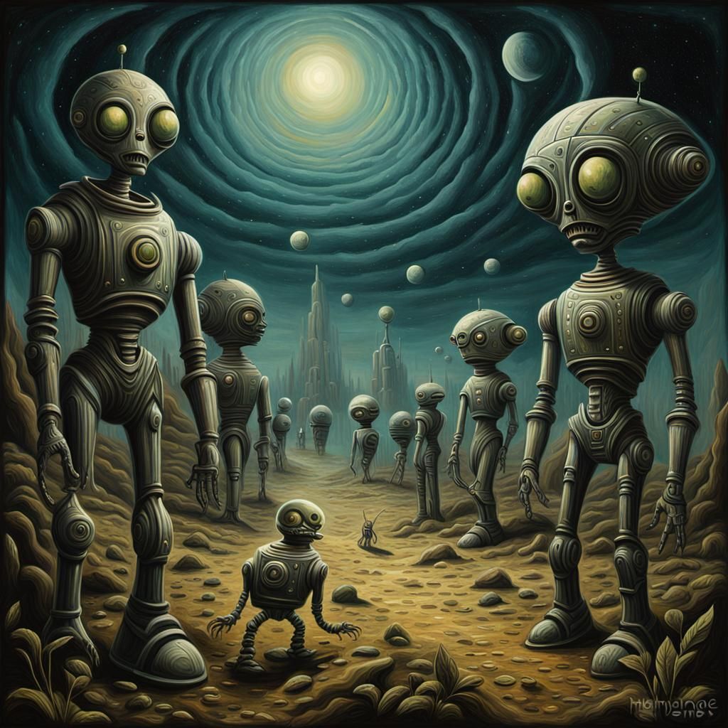 alien robot farm, dystopian image, dark colors, alien planet, strange ...