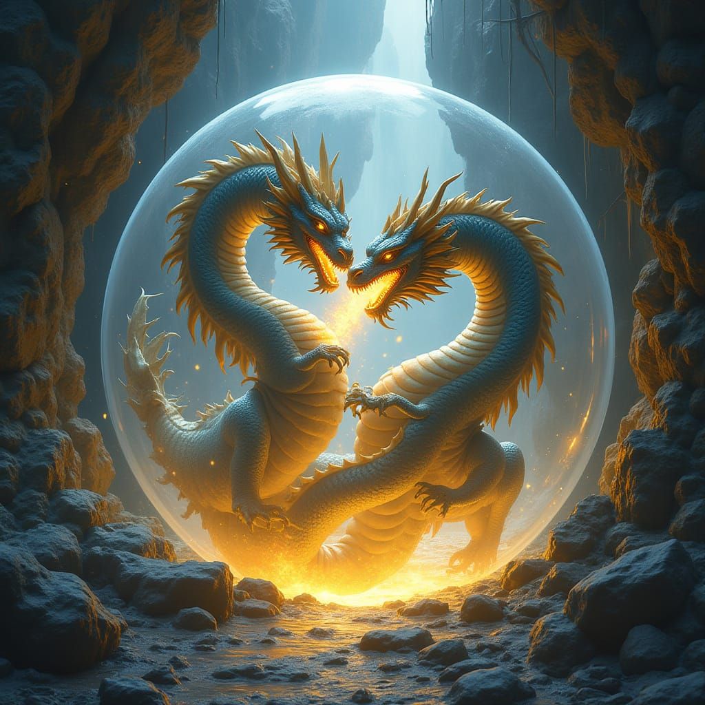 Two intertwined, mythical dragons are depicted within a large, clear ...