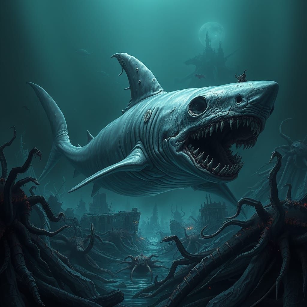 Undead Shark Rises from Post-Apocalyptic Ocean Rui... - AI Art