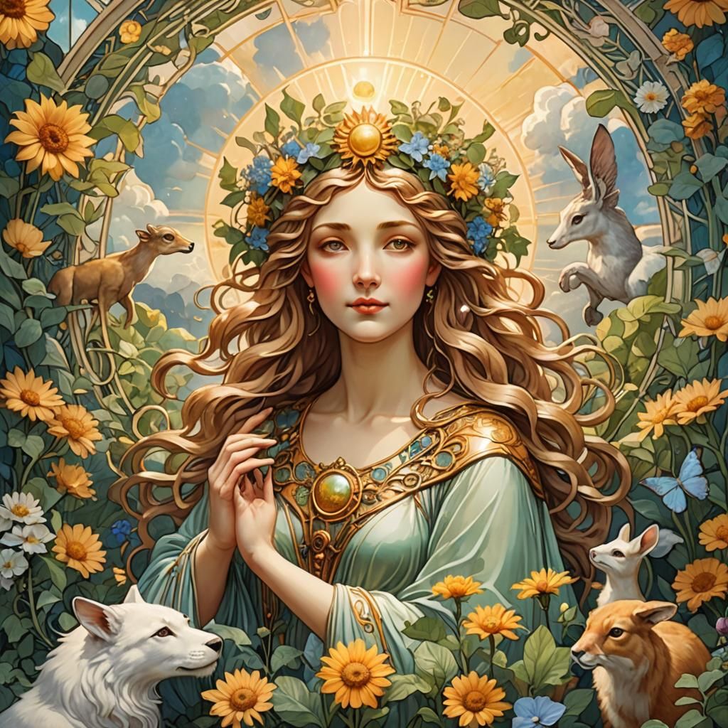 beautiful nature goddess surrounded by animals and plants and flowers ...