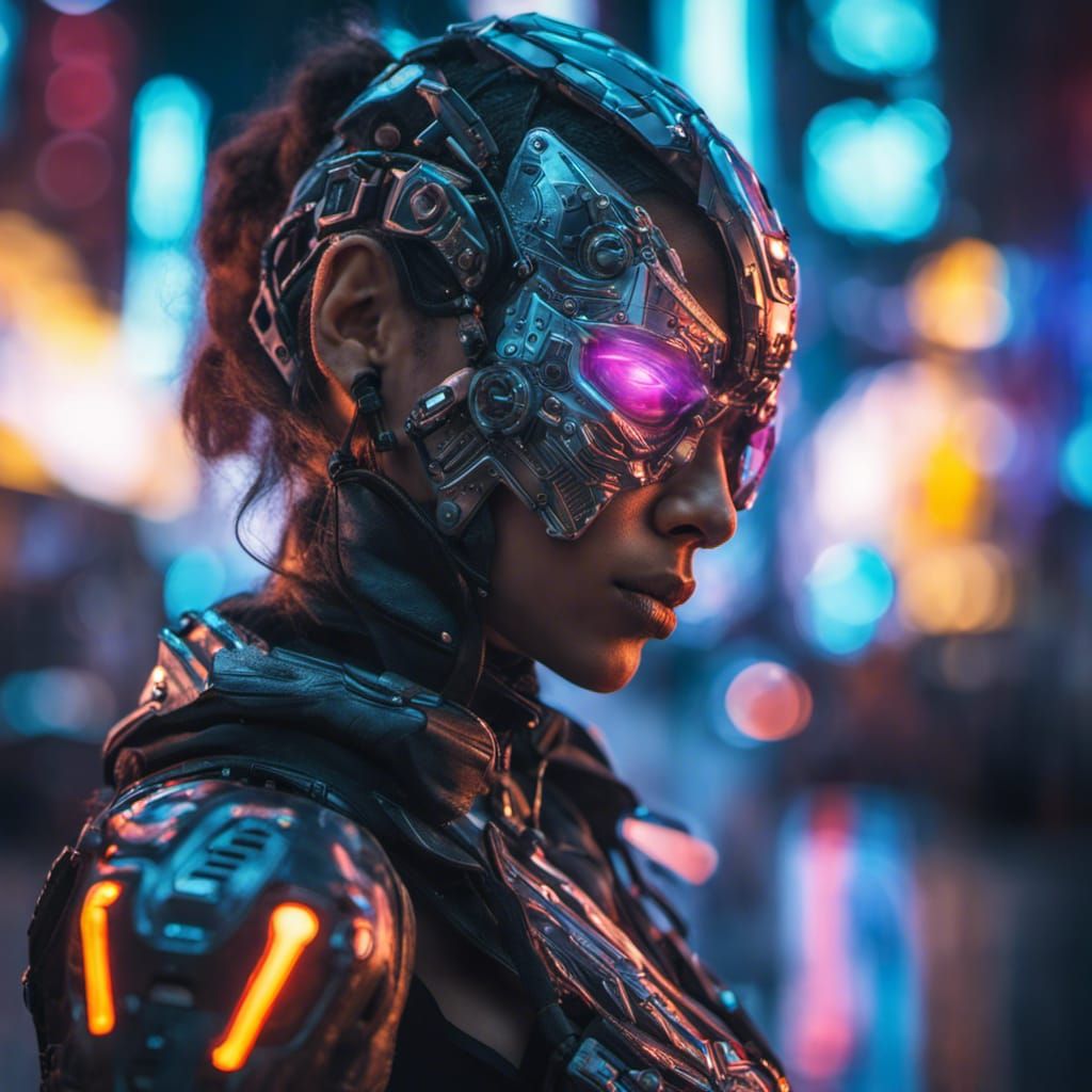 Portrait of a cyborg girl wearing futuristic face armor in a neon city ...