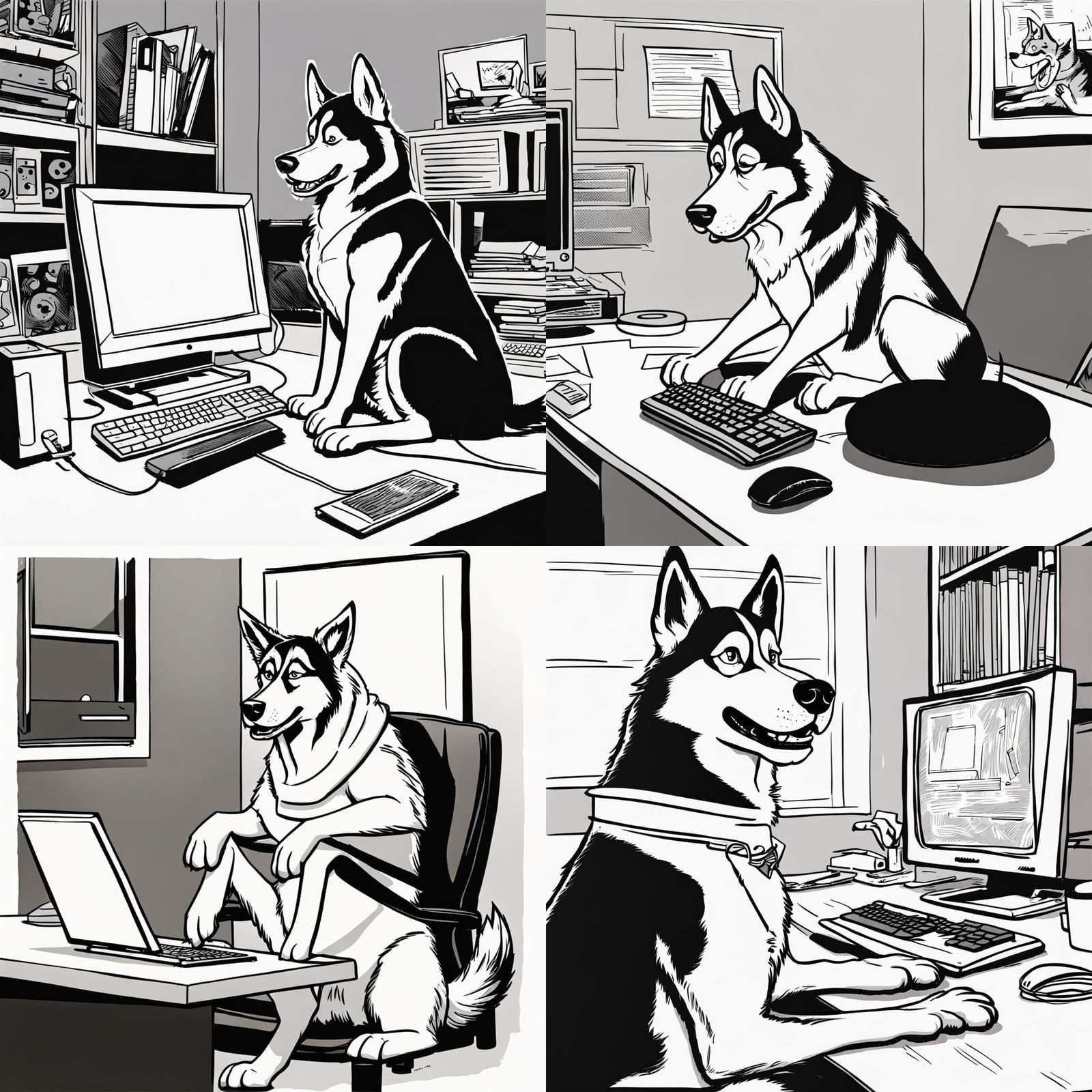 comic art, bold ink, a goofy husky dog sitting as his computer, waiting ...