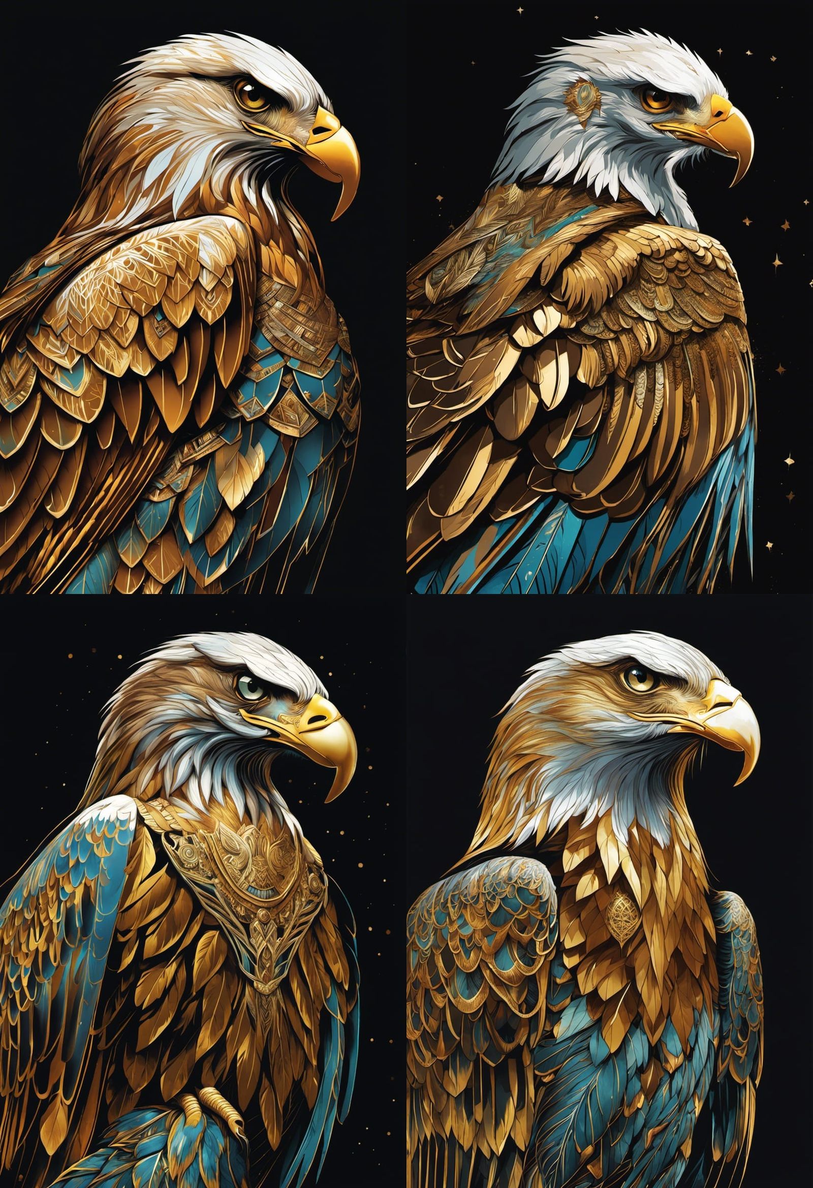 portrait of a gold eagle, silver outlines, shiny aura, highly detailed ...