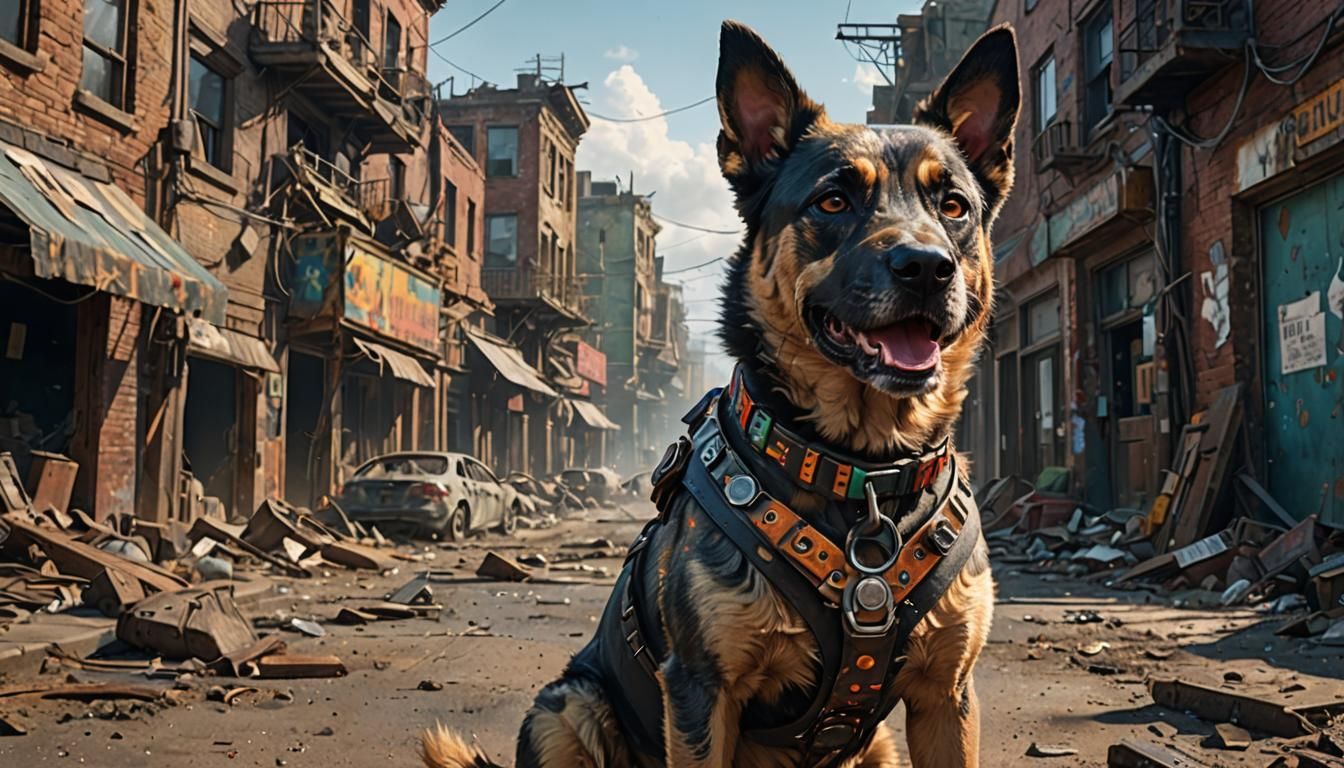 mixed breed dog, high tech collar, post-apocalyptic derelict town ...