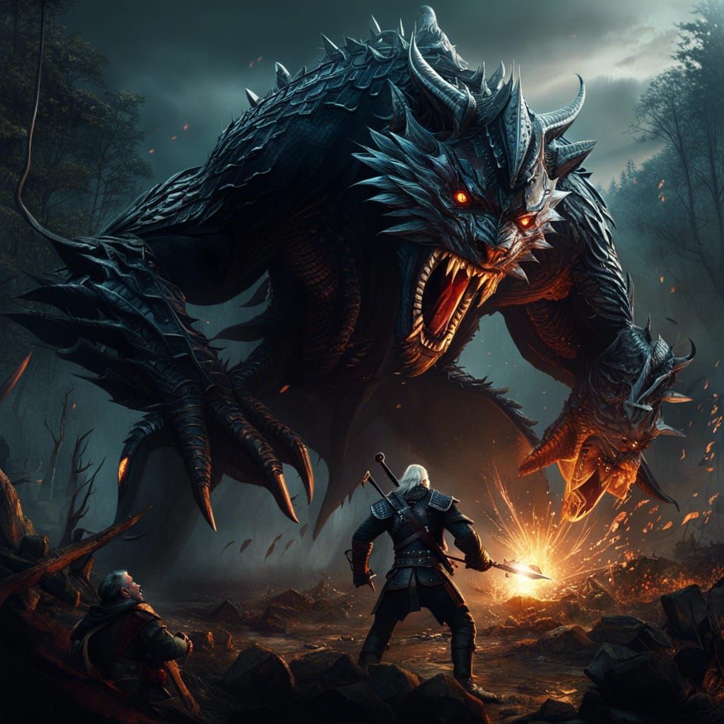 Witcher fighting a monster - AI Generated Artwork - NightCafe Creator