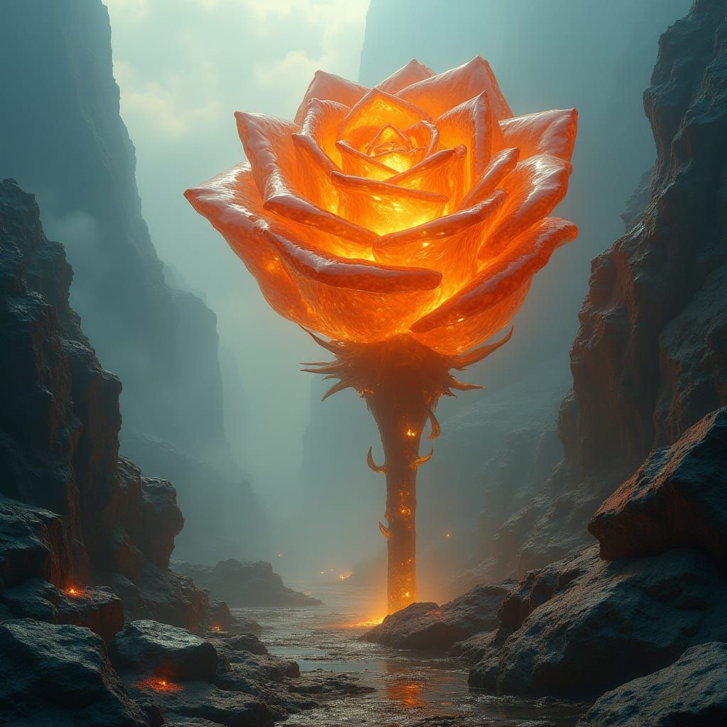 Glowing Magma Rose Guards Ancient Mountain Secrets - AI Art