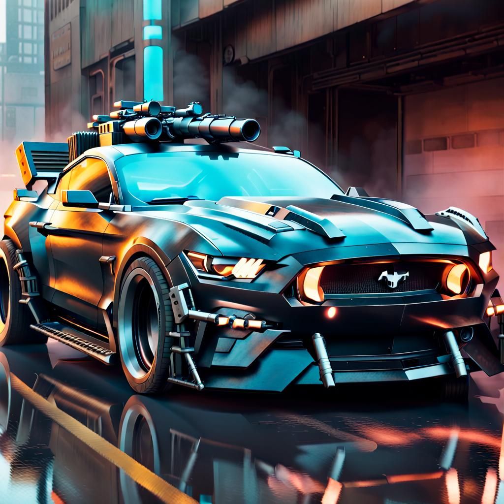 Cyberpunk-Style Armored Mustang GT with Dual Gatli... - AI Art