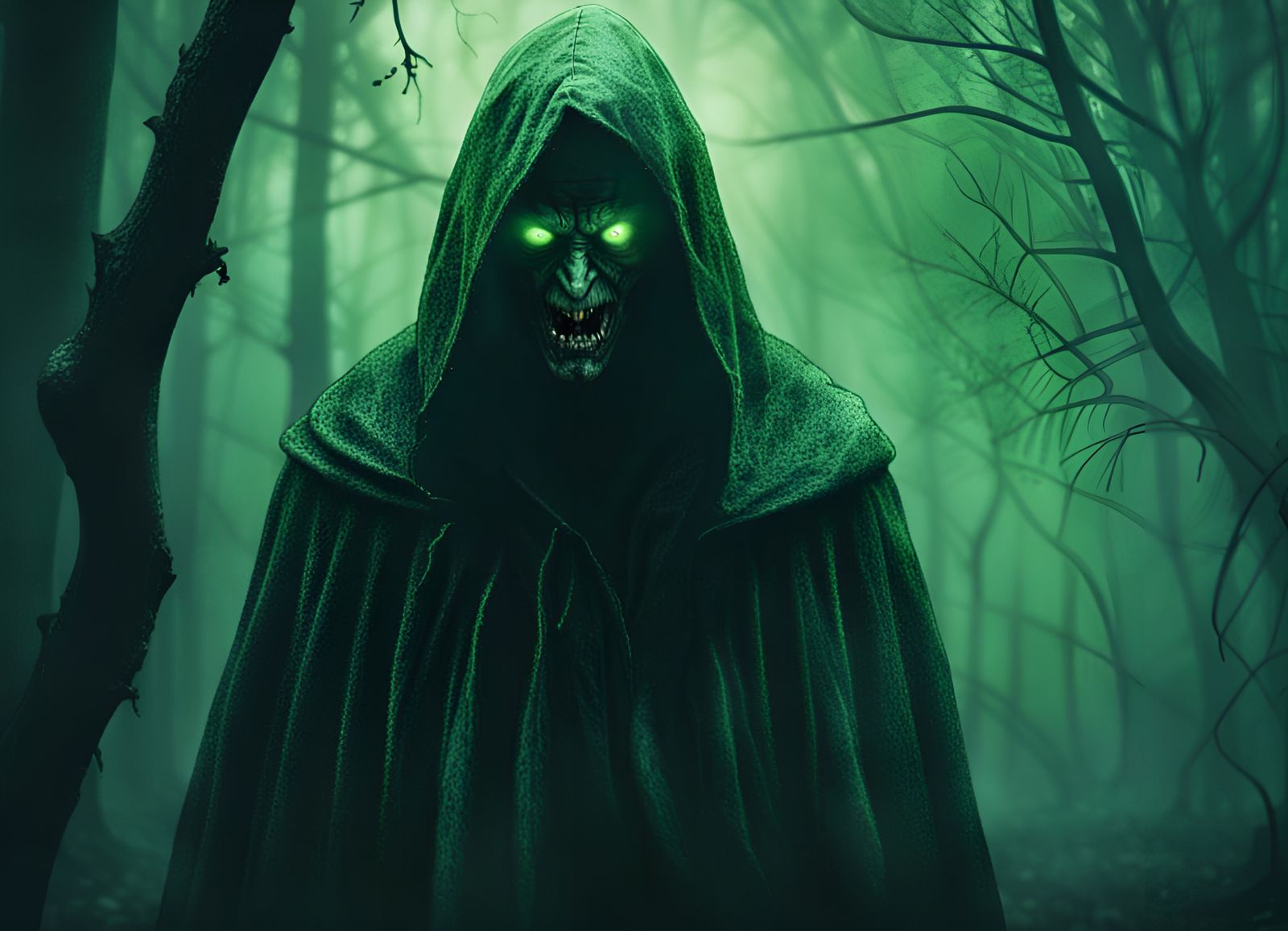 Spooky monster in hooded cloak with glowing eyes in misty forest ...