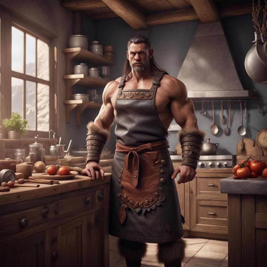 male barbarian warrior dressed in an apron in the kitchen - AI ...