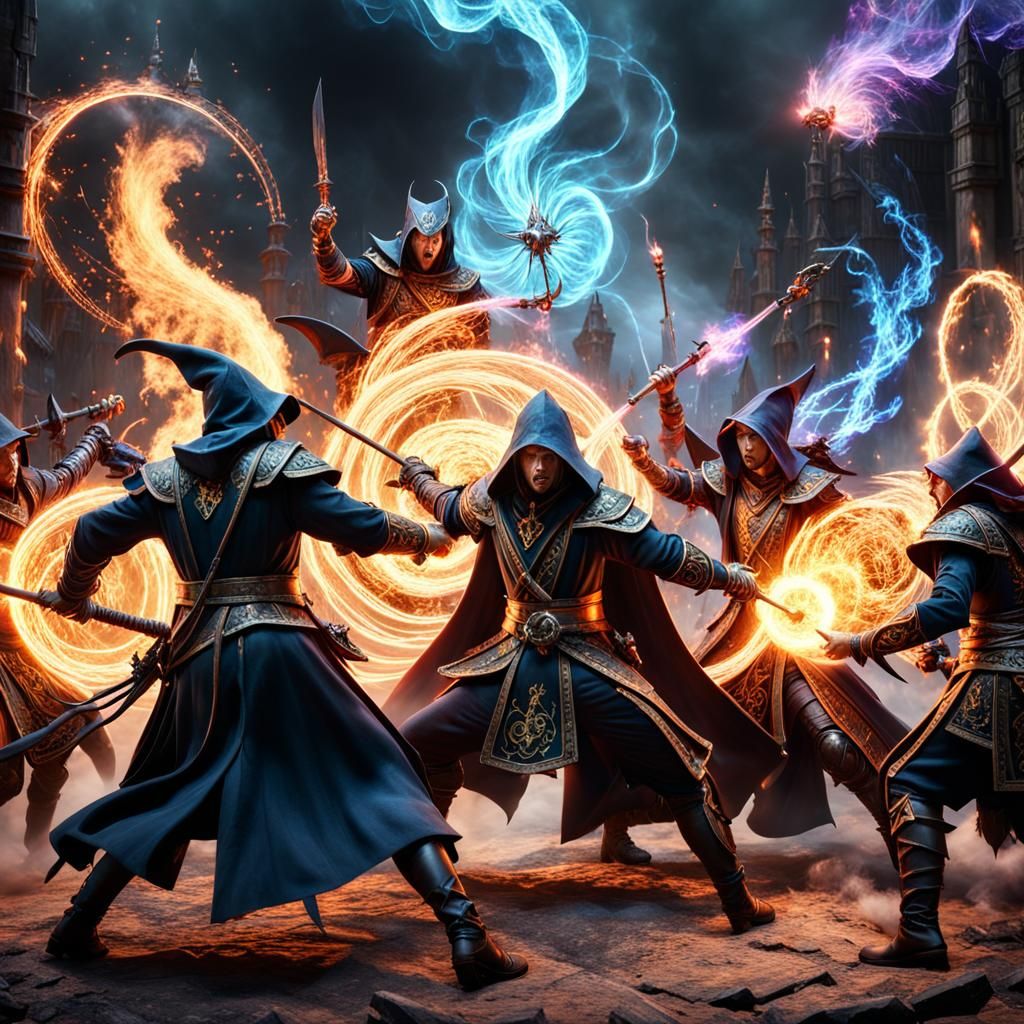 highly detailed stunning image of multiple sorcerers fighting against ...