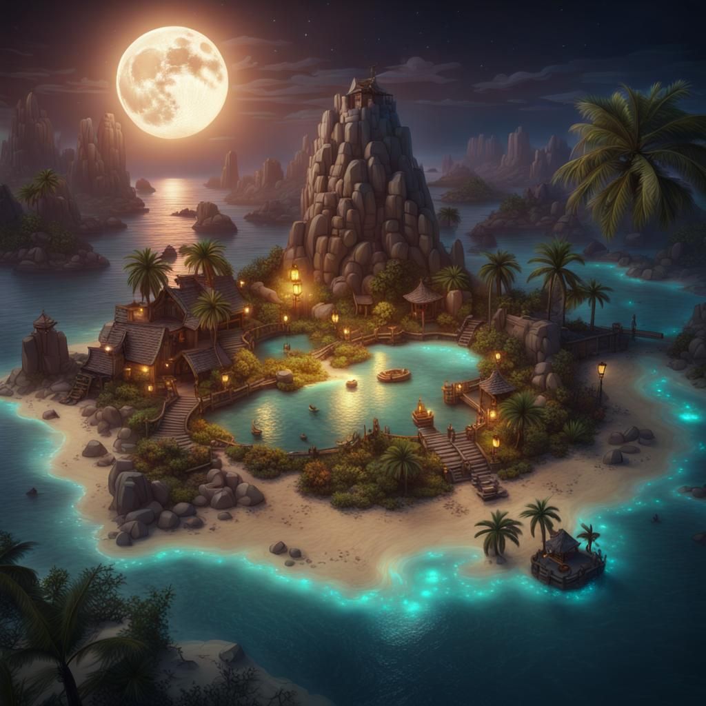 Beautiful fantasy island treasure map with glowing markers on it that ...