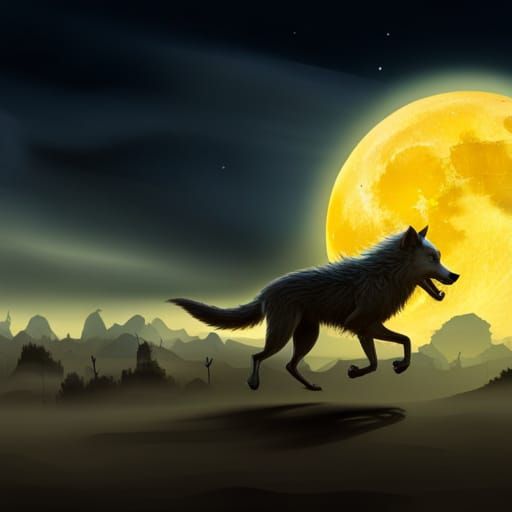 Werewolf running underneath a full moon, 16k resolution, a masterpiece ...