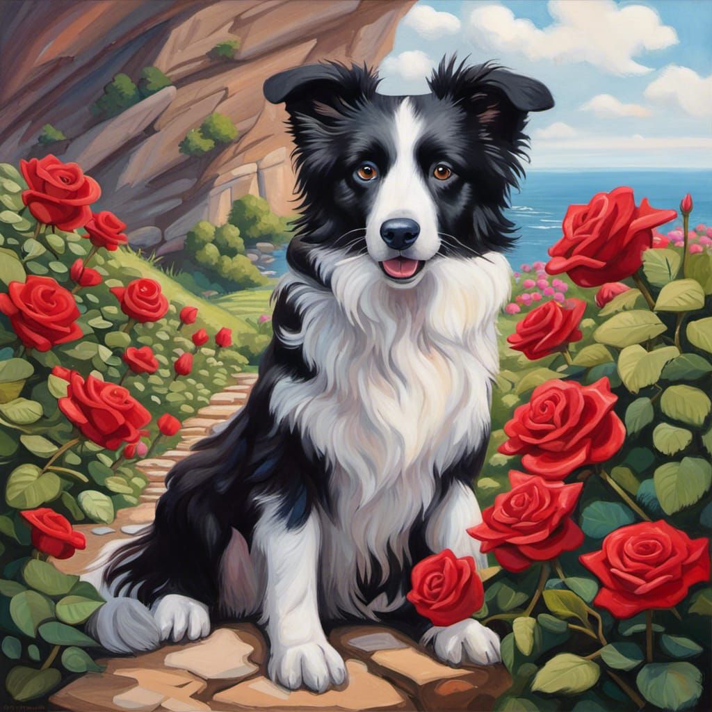 Border Collie cliff walk (roses) - AI Generated Artwork - NightCafe Creator
