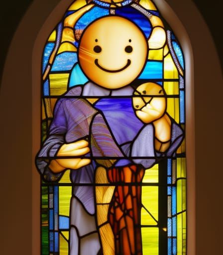 A smiley face emoji with a halo in a stained glass window, realistic ...