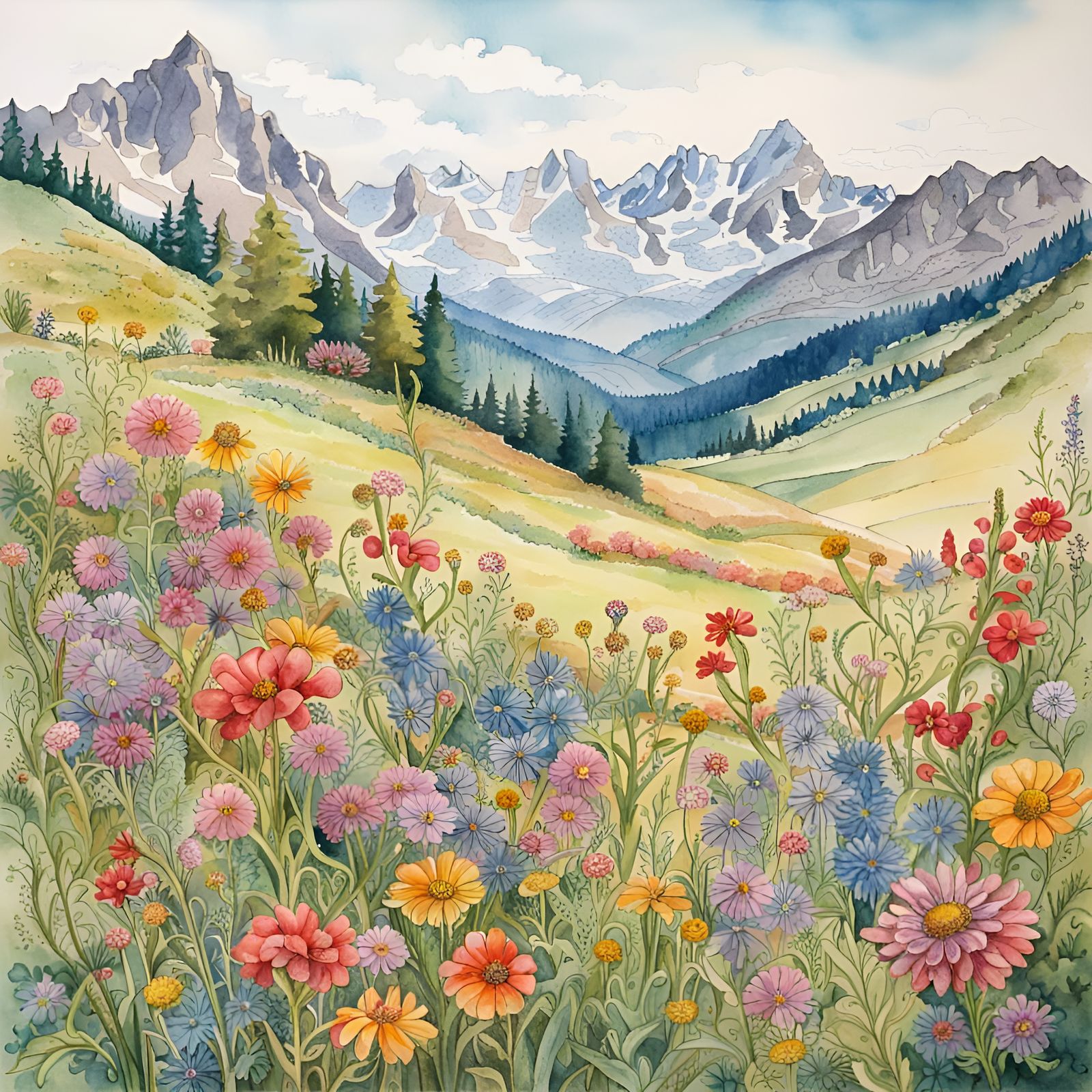 Watercolor of the Swiss Alps and its Meadows of Alpine Flowers - AI ...