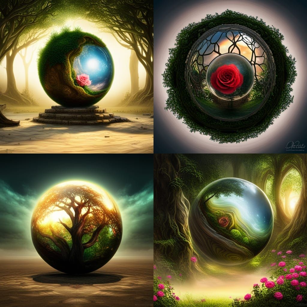 big orb,orb made of glass,a few roses around the orb,tree growing in ...