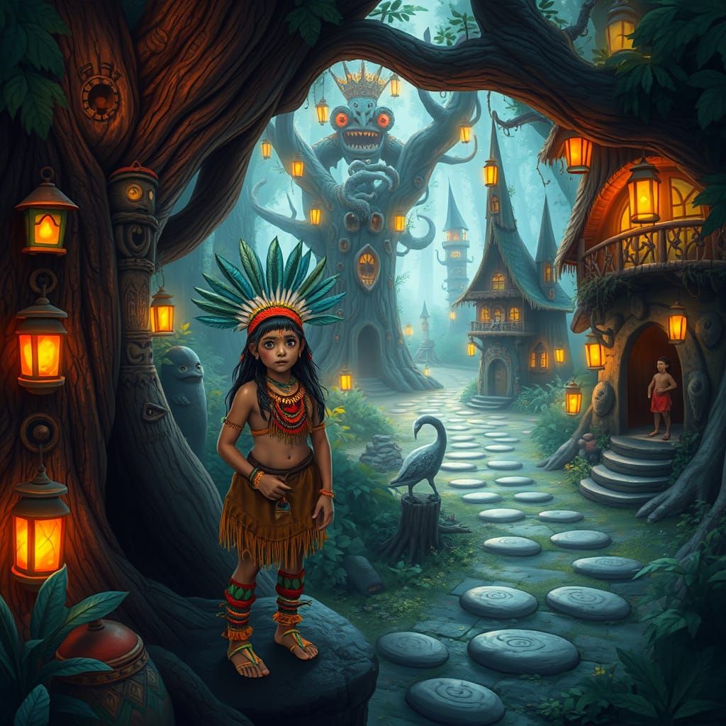 Whimsical Forest Village of Pygmy Tribespeople wit... - AI Art