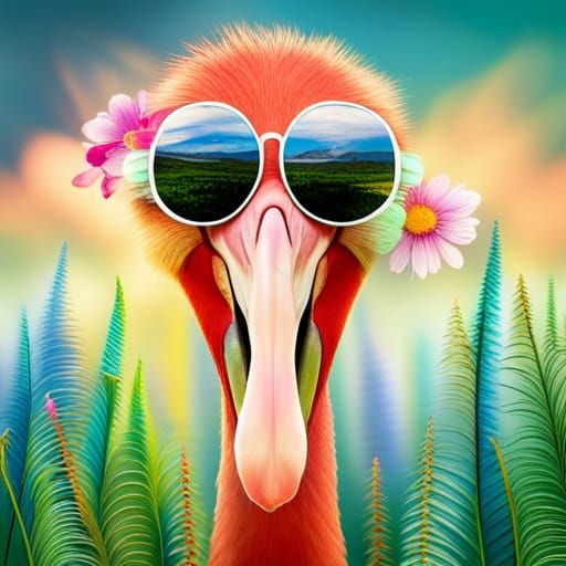 Screaming Flamingo wearing sunglasses. Flower meadow. - AI Generated ...