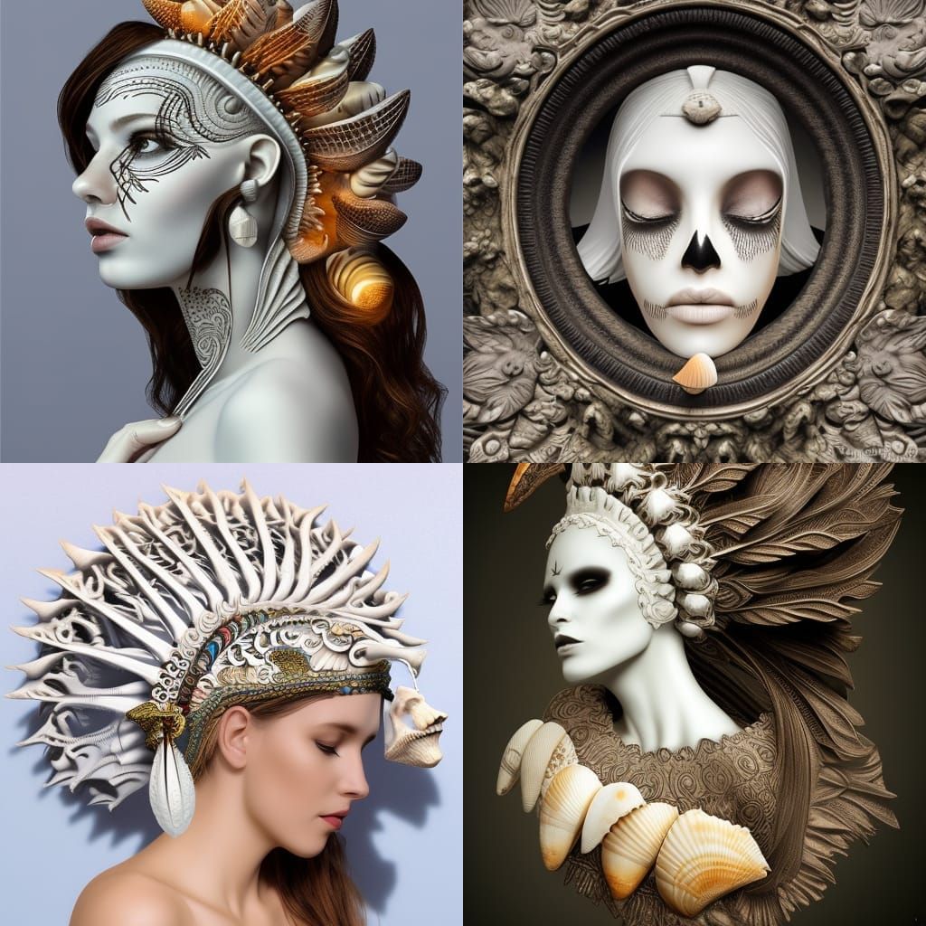 fantasy carved hollow bone white headpiece of seashell style, strong ...