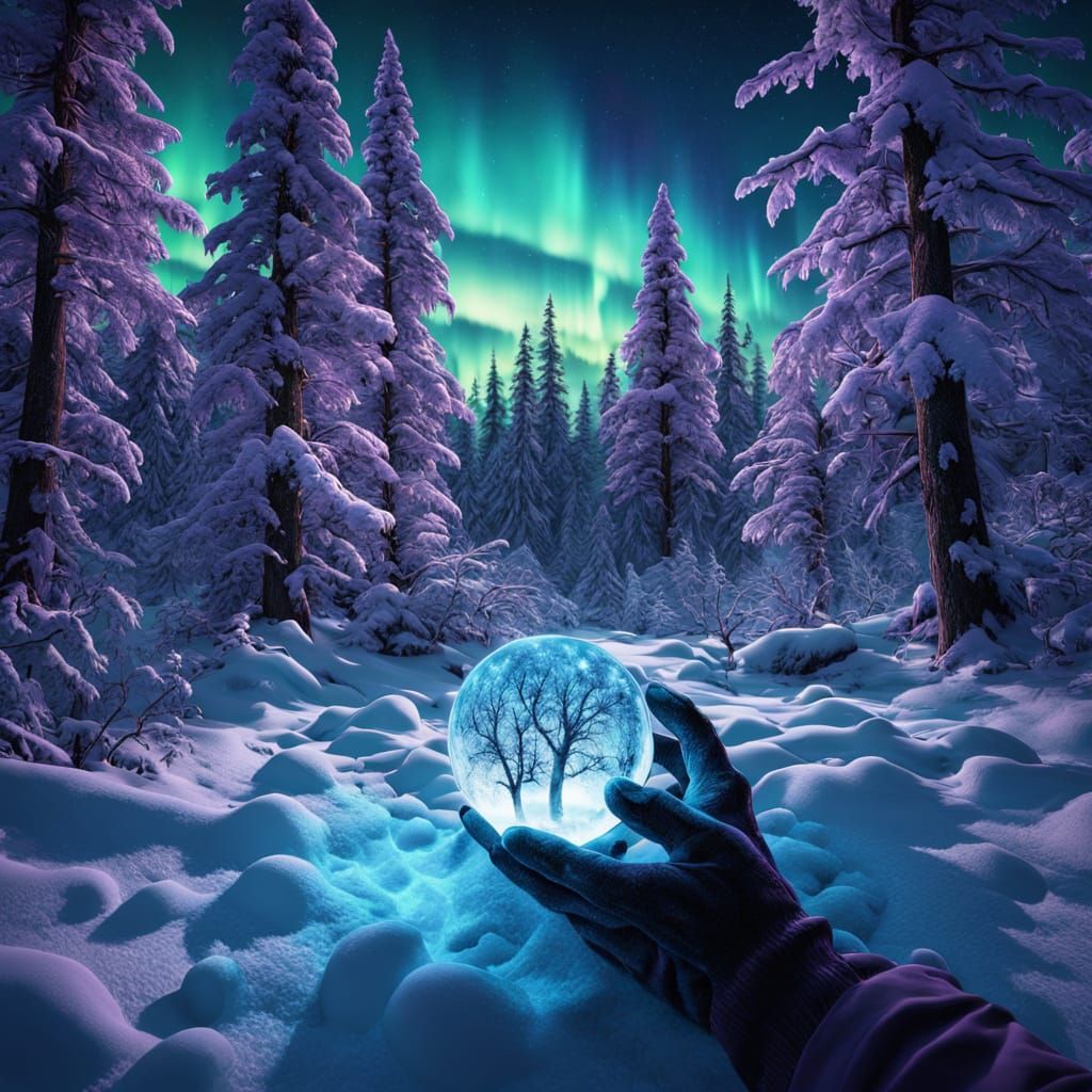 snowball reflecting under aurora borealis