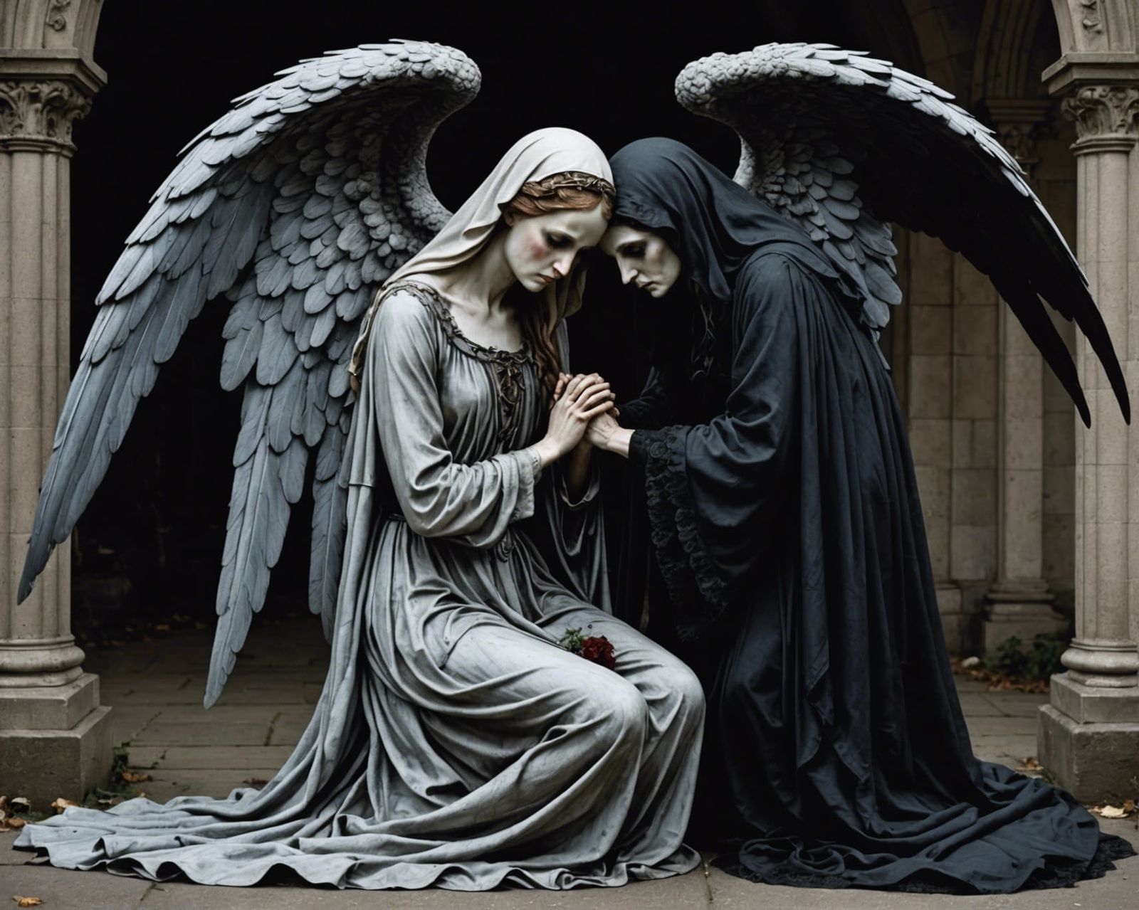 The angel of death consoling a grieving Gothic woman over the death of ...
