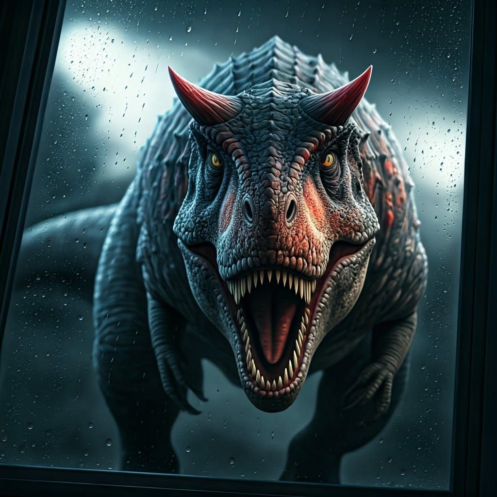 Menacing Carnotaurus Emerges from Rainy Night - AI Art