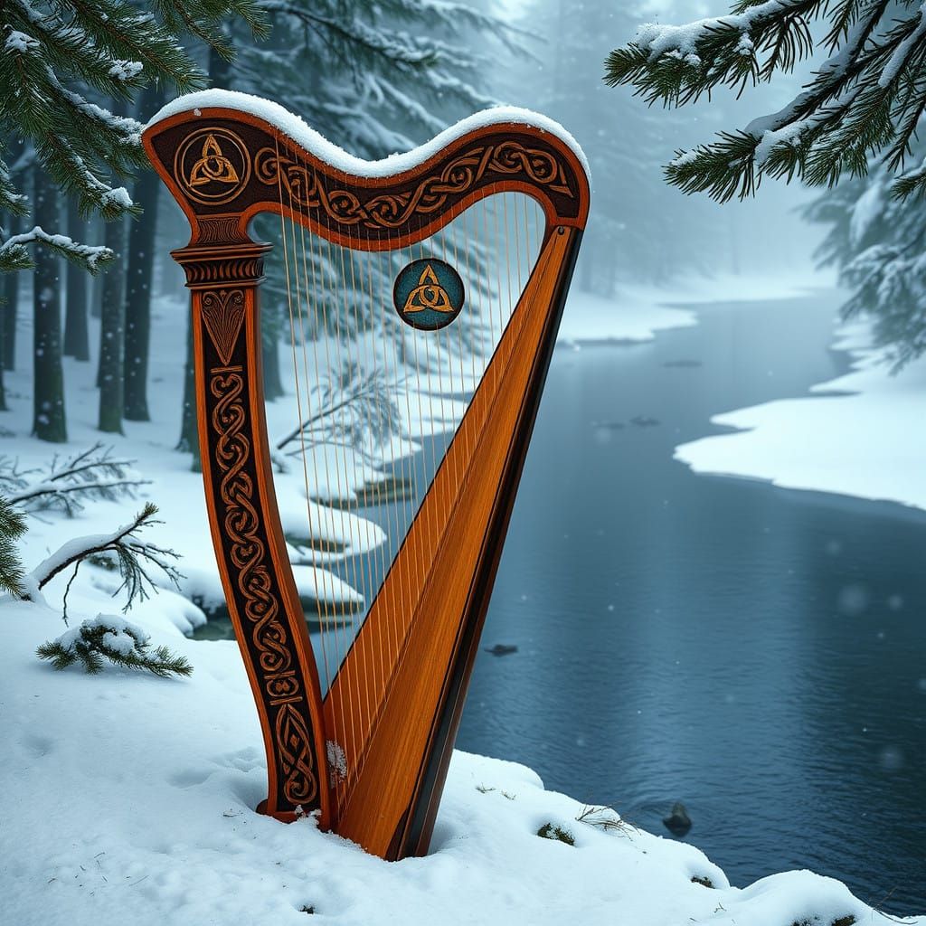 Hyperrealistic Ancient Irish Harp in Winter Landsc... - AI Art